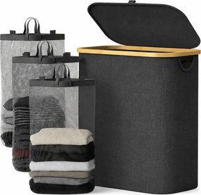 koš na prádlo, objem 110+ l, s víkem, 3 odnímatelné tašky, látka/bambus, 75x43x32 cm, šedá/přírodní, Dekorino KP20260003