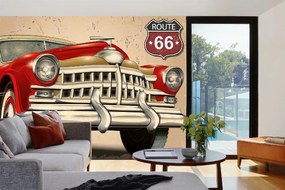 DIMEX | Samolepicí vliesová fototapeta na zeď Retro plakát - automobil MA-5-2147 | 375 x 250 cm | červená, bílá, černá, šedá