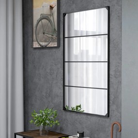 HOMCOM Obdélníkové zrcadlo s industriálním stylem a mřížkovým vzorem, horizontální nebo vertikální, s 4 háčky, černý kov - 109 x 69 cm