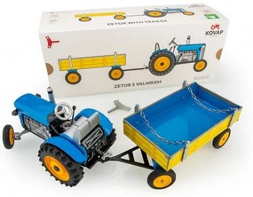 Traktor Zetor s valníkem modrý na klíček kov 1:25 v krabičce 32x13x11cm Kovap