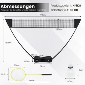Costway Badminton Net Stand Přenosná hra s raketami Kompletní – černý