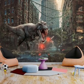 Samolepící fototapeta - Dinosaurus ve městě fantazie 343x245