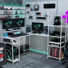 HOMCOM L-tvarovaný psací stůl s nabíjecí stanicí, rohový počítačový stůl s držákem monitoru a policemi, pro home office, kancelář, bílá