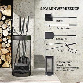Outsunny 5dílná sada nářadí k ohništi s koštětem, lopatou, kleštěmi, vidlicí a košem, kovová, černá