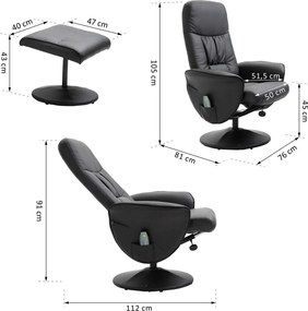 HOMCOM polohovací křeslo TV křeslo masážní křeslo s taburetem úložný prostor s 10 vibračními body umělá kůže černá 76 x 81 x 105 cm | Aosom