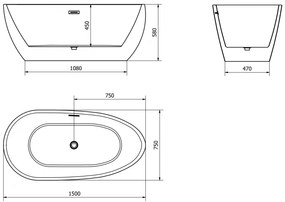 Mexen Eos, volně stojící vana 150 x 75 cm, bílá-černá, zlatý matný přepad, 52471507575-55