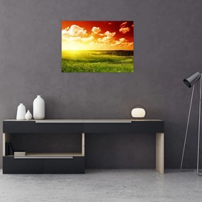 Skleněný obraz louky se zářícím sluncem (70x50 cm)