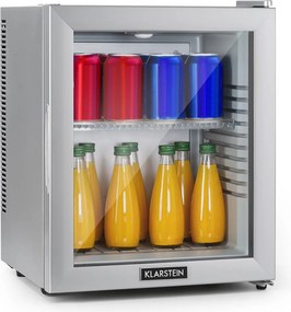 Klarstein Brooklyn 23, mini lednice, 23 l, energetická třída E, skleněné dveře, LED, police, stříbrná