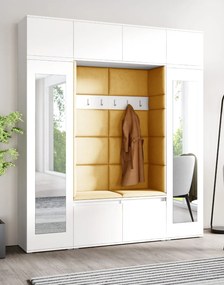 Bílá předsíňová stěna Emi 32 se zrcadly a čalouněnými panely