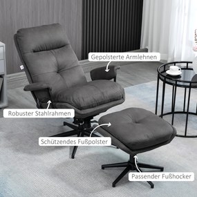 HOMCOM polohovatelné křeslo s taburetem, nosnost do 150 kg, otočná základna, TV křeslo s funkcí polohování, tmavě šedý polyester, ideální do obývacíh…