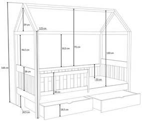 Dětská domečková postel z masivu borovice MAGDA se šuplíky - 200x90 cm - PŘÍRODNÍ BOROVICE