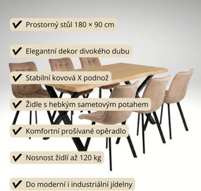 Vikio Jídelní set pro 6 osob 180x90 cm soft dub noha X béžová židle VJS238-6BE-S