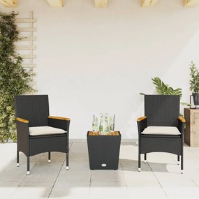 3dílný bistro set s poduškami černý polyratan a sklo