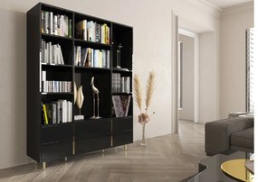 Elegantní černá knihovna Dancan CAROLINE se zlatými doplňky / 140 cm