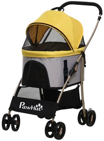 PawHut vozík pro psy 2 v 1, skládací kočárek pro psy s polštářem, 4 kolečka, síťované okno, tkanina Oxford, žlutý| Aosom