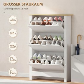 HOMCOM skříňka na boty výklopný botník 3 klapky na 18 párů bot prostorově úsporná v bílé a přírodní barvě 72 x 26 x 112 cm do předsíně a vstupních pr…