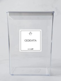 Samolepka na láhev CEDEVITA –  5 x 5 cm – bílá vinylová, voděodolná, omyvatelná samolepka na dózy, základní písmo