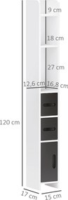Kleankin koupelnová sloupcová skříň s 3 dvířky, 3 otevřenými policemi a proti-převrhovacím systémem, moderní styl, 15x17x120 cm, bílá a černá