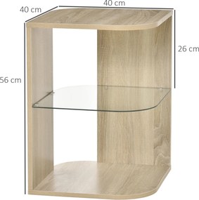 HOMCOM Moderní konferenční stolek s 3 skleněnými policemi do obývacího pokoje a ložnice 40x40x56cm Přírodní dřevo