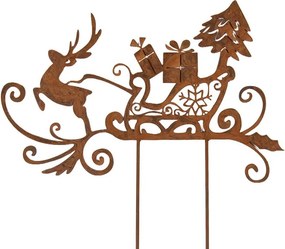 Kovový rustikální zápich se sobem a vánočními sáněmi Sled Rust - 19*1*45 cm