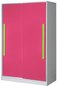 Šatní skříň s posuvnými dveřmi GULIVER 12 Domel 120/191/60 barva: bílý mat/růžový lesk/zelené úchyty