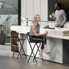 HOMCOM Sada 2 skládacích barových židlí, vysokých kuchyňských židlí s opěrkou a opěrkou nohou, ocelový rám, výška 87 cm, černá