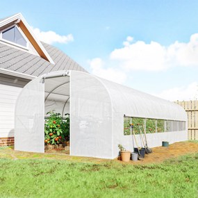 Outsunny tunelový skleník 24 m² — pozinkovaný ocelový rám, rolovací dveře a 2 velká síťovaná okna, plachta 140 g/m², bílá