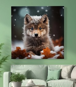 Obraz na plátně - Mládě vlka vyčkává ve sněhu FeelHappy.cz Velikost obrazu: 120 x 120 cm