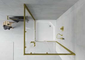 Mexen Rio, čtvercový sprchový kout s posuvnými dveřmi 90 (dveře) x 90 (dveře) x 190 cm, 5mm čiré sklo, zlatý profil + bílá sprchová vanička RIO, 860-090-090-50-00-4510