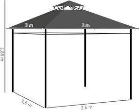 Zahradní altán Outsunny 3 x 3 m s boční stěnou a dvojitou střechou Kovový stan odolný proti povětrnostním vlivům v tmavě šedé barvě pro zahradní párt…