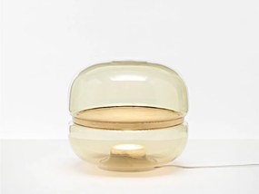 Brokis Macaron, skleněná stolní/stojací lampa, Ø 300 mm Barva skla: Amber - transparentní sklo, Základna: Dub evropský - bíle mořený, Disk: BROKISGLASS - kouřově šedá mat