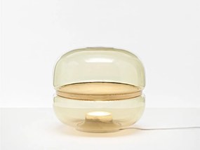 Brokis Macaron, skleněná stolní/stojací lampa, Ø 300 mm Barva skla: Amber - transparentní sklo, Základna: Dub evropský - bíle mořený, Disk: Onyx medový