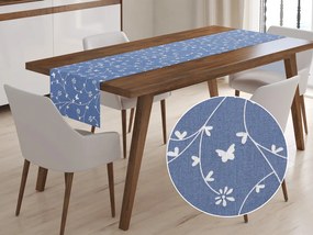 Biante Bavlněný běhoun na stůl Sandra SA-052 Drobné bílé květiny a motýlci na modrém 20x140 cm