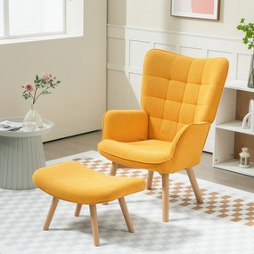 HOMCOM Křeslo s Podnožkou, Křeslo s Vysokým Zády, Dřevěné Nohy, Lounge Křeslo s Prošívaným Designem, Velurový Vzhled, pro Obývací Pokoj, Žluté | Aosom