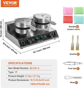 Komerční vaflovač s dvojitou hlavou, kulatý vaflovač 2460 W, nepřilnavý