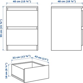 MALM Komoda se 2 zásuvkami, vzor zrcadlo, 40x55 cm