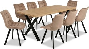 Vikio Jídelní set pro 8 osob 180x90 cm soft dub noha X béžová židle VJS238-8BE-S