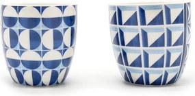 Porcelánová čajová souprava Geometric blue, konvice 0,6 l – s bambusovým držadlem, se 2 šálky, s nerezovým sítkem