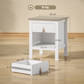 HOMCOM Sada 2 Nočních Stolků s Šuplíkem a Otevřeným Kompartmentem, Moderní Styl do Ložnice nebo Obývacího Pokoje, 45 x 40 x 55 cm, Bílá