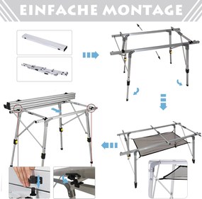 Piknikový skládací stůl, Skládací stůl, Výškově nastavitelný kempingový stůl, Včetně tašky na přenášení, Hliník, Stříbrná, 120 x 69 x 59-78 cm