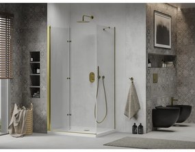 Mexen Lima skládací sprchový kout 70 x 90 cm, Průhledné, Zlatá + sprchová vanička Flat - 856-070-090-50-00-4010