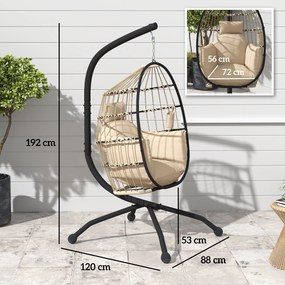 Závěsné křeslo Outsunny, závěsné vajíčko, houpací křeslo - skládací koš, polstrovaný polštář, držák na hrnky, polštářek, pro vnitřní a venkovní použit