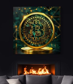 Obraz na plátně - Bitcoin, zářící zlatý emerald FeelHappy.cz Velikost obrazu: 100 x 100 cm