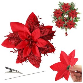 Flamenco Mystique Květina na vánoční stromek s klipem vánoce xxl 14 cm červený třpyt woz04cze.