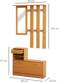 HOMCOM Předsíňový stromeček s zrcadlem, věšákem na kabáty a úložným prostorem na boty - 2 kusy předsíňového nábytku s 6 háčky, policemi a výklopnou z…