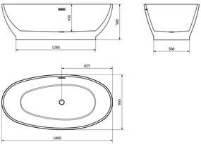 Mexen Bilbao, volně stojící vana 180 x 90 cm, bílá-černá, růžové zlato přepad, 51311809075-60