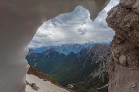 DIMEX | Vliesová fototapeta Výhled na dolomity MS-5-1696 | 375 x 250 cm| modrá, bílá, šedá