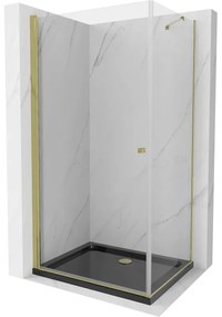 Mexen Pretoria sprchový kout s otočnými dveřmi 80 x 90 cm, průhledné, Zlatá+ vanička do sprchového kouta Flat, Černá - 852-080-0