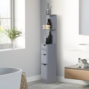 HOMCOM Moderní sloupcový koupelnový kabinet s 2 policemi, 2 zásuvkami a 1 bezpečnostním dvířkami 15x33x136,5 cm Šedý