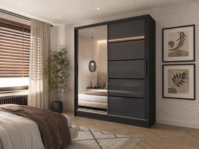 Šatní skříň 133 cm Belini černý mat / šedý lesk s posuvnými dveřmi zrcadlem a zásuvkami  MGB SZP6/1/B/1L5S/KLP